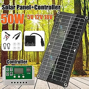Solar Panel Solar Panel Kit 50W 18V Battery Charger Monocrystalline Pv Module with Solar Panel + Solar Controller + Car Charger + Battery Clip + Carabiner + Suction Cup, for Rv Camping Trail