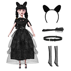 DBYWIUB Girls Black Doll, 11.5 inch Girls Halloween Christmas Dolls, Soft Body & Black Hair, Black Dress & Accessories