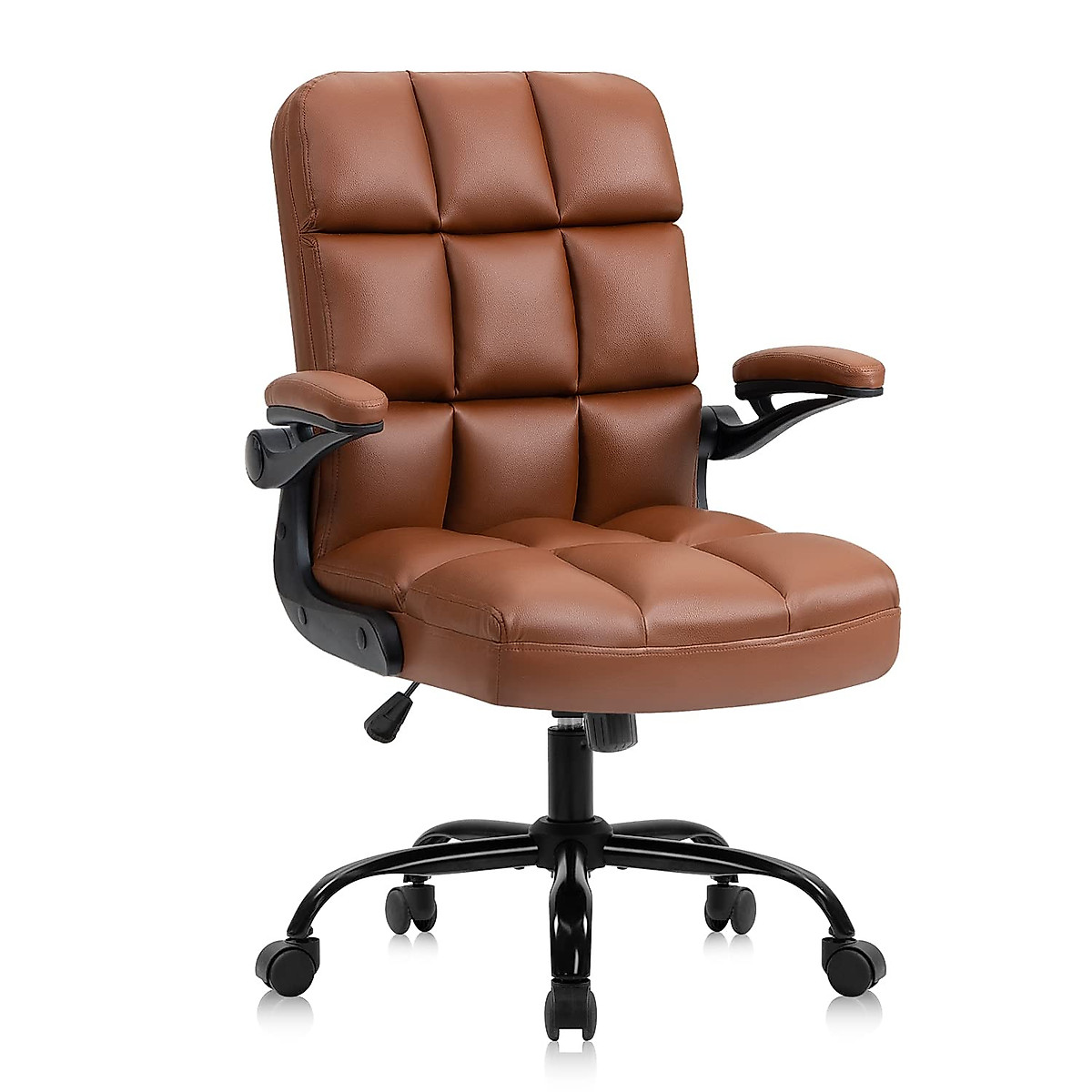 YAMASORO Office Chair Home Desk Chairs with Wheels Executive PU Leather Swivel Chair with Adjustable Height and Flip-up Arms for Adult and Teens,Portable Brown