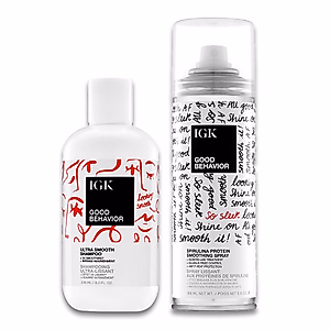 IGK GOOD BEHAVIOR | Ultra Smooth Shampoo (8 Oz) + Spirulina Protein Spray (5.6 Oz) | Frizz Control + Hydrates + Shine | Vegan + Cruelty-Free |