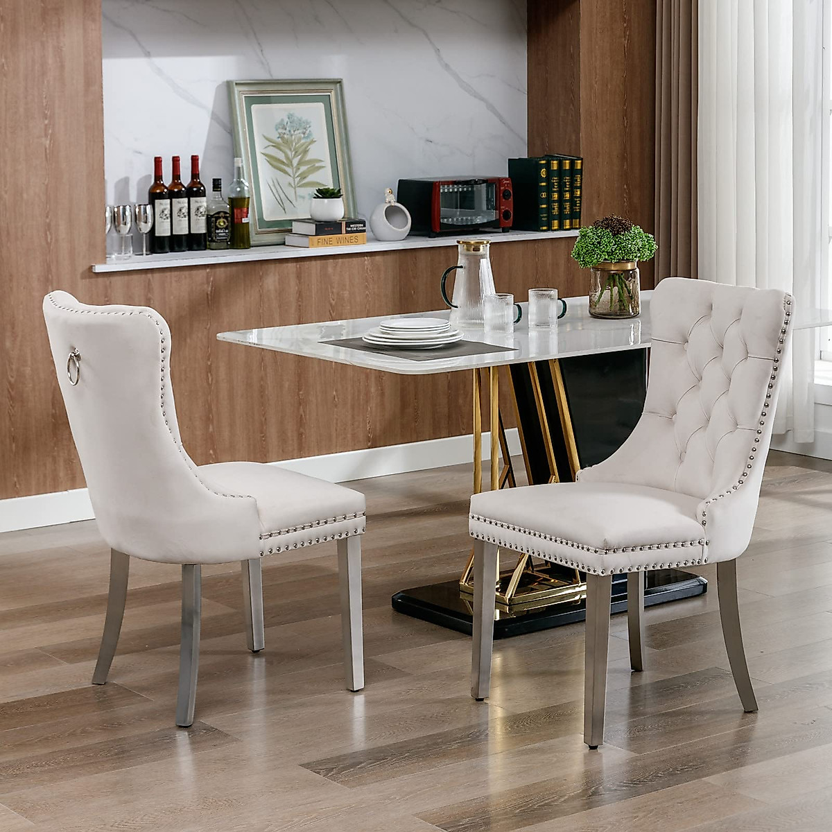 i-POOK Velvet Upholstered Dining Chairs Set of 2, Wingback Dining Room Chairs with Ring Pull, Nailhead Trim and Tufted Button Back, Luxury Dining Chairs for Living Room Kitchen, Beige