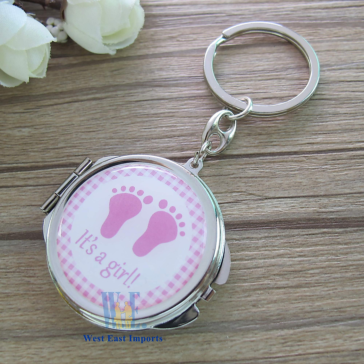 12 PCS Personalized Baby Shower Pink Girl Mirror Keychain Favors with Baby Footprint Design Custom Engraving Gift