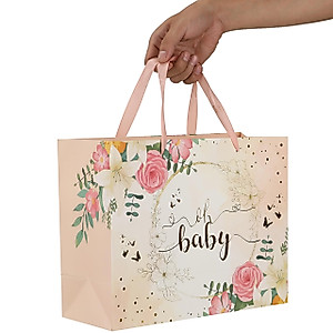 13" Large Light Orange Gift Bag Set with Greeting Card and Tissue Paper (Gold Foil ‘Oh Baby’) for Baby Shower, Baby Girl or Boy, Girls' Birthday Party, Women's Birthday Parties - 13”x5.2”x10.2”, 1 Pcs.