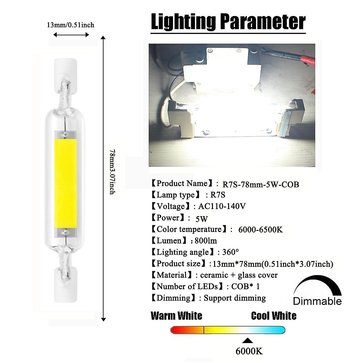 78mm R7S 5W LED Bulb 75W Halogen Equivalent 78mm J-Type 5W 120V R7S Base 6000K Cool White J Type T3 78mm Double Ended Flood Light Bulbs 360°Beam Angle Landscape Lights, Pack of 3