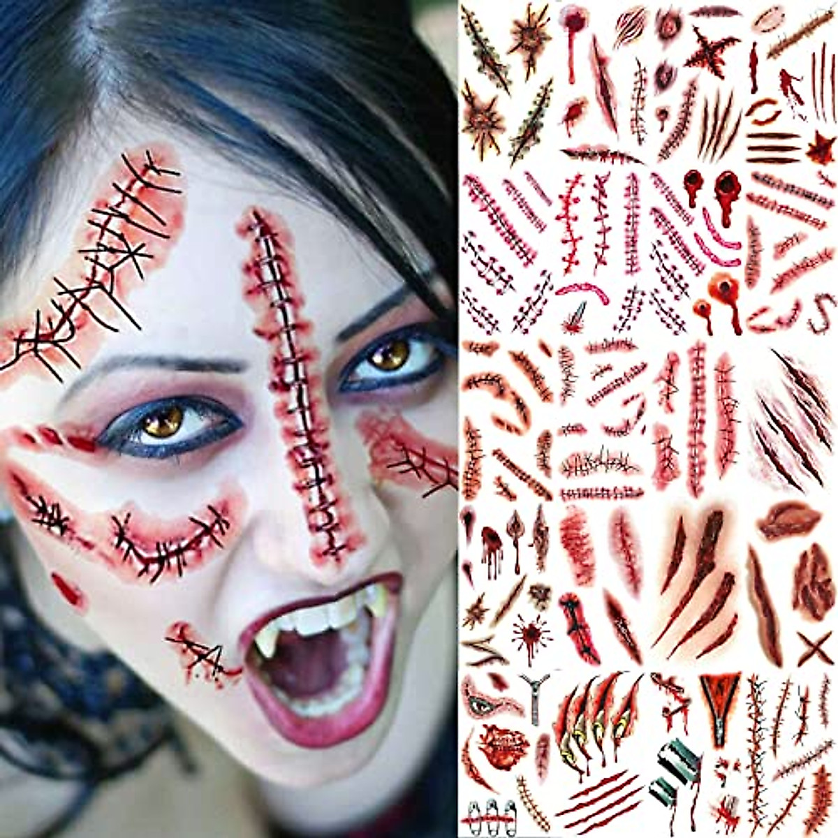 COKTAK 136+ PCS Halloween Temporary Tattoos For Adults, Kids, Men, Women - Zombie, Scary, Bloody, Chucky, Face, Scratches, Stickers, Wound
