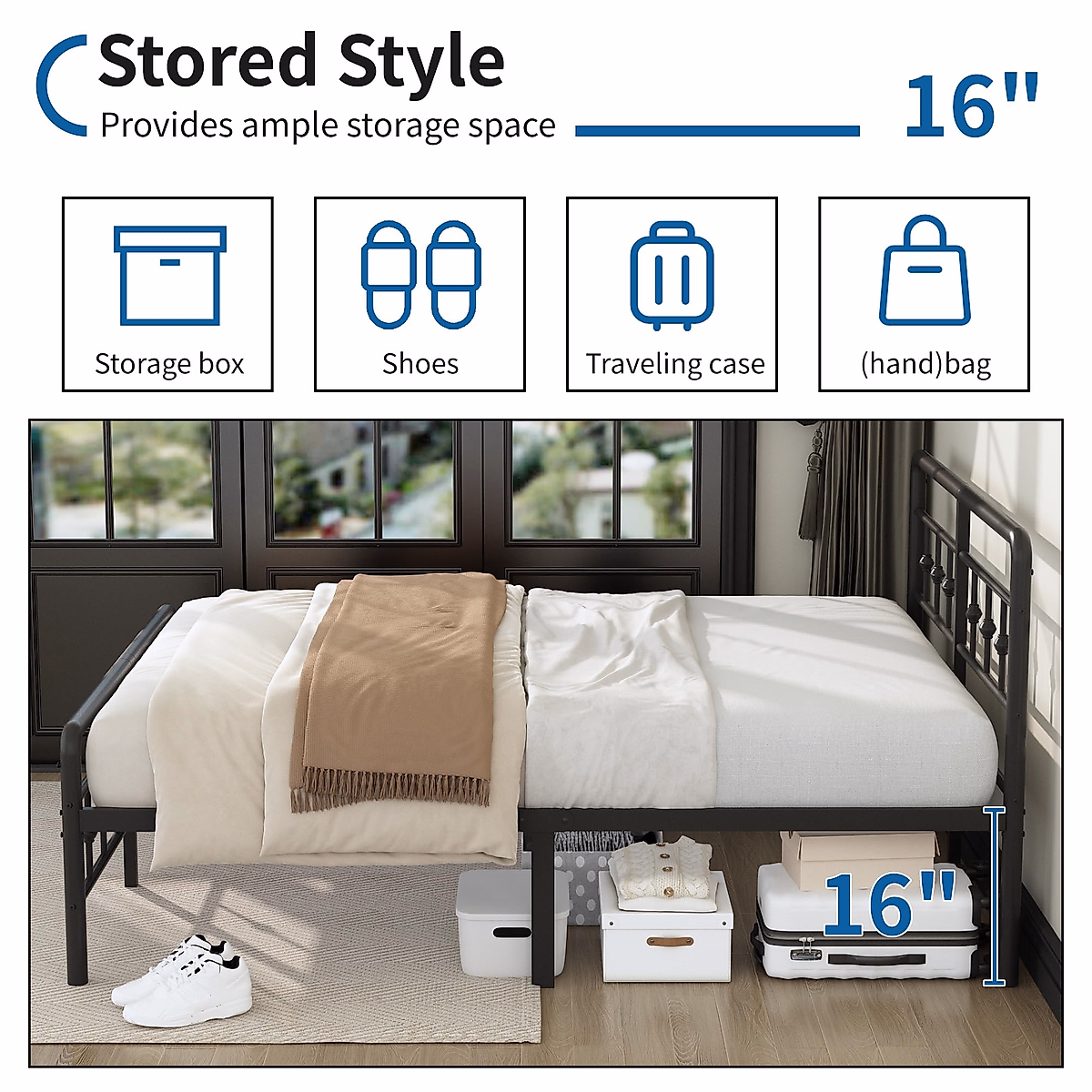 DiaOutro 16 Inch Full Size Bed Frame with Headboard and Footboard, Classic Metal Platform No Box Spring Needed Heavy Duty Victorian Style Iron-Art Mattress Foundation/Under Storage Matte Black DA13