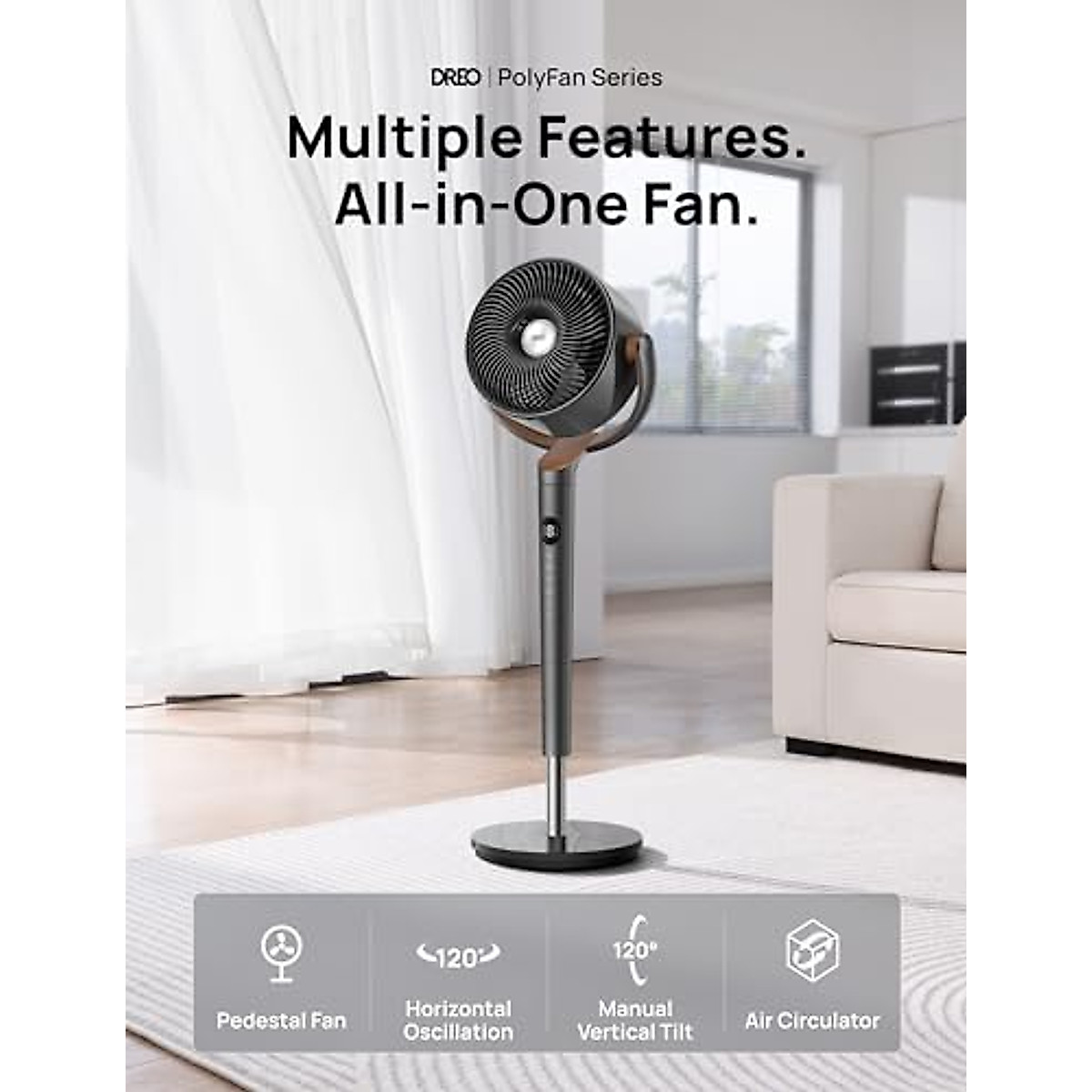 Dreo Fan for Bedroom, 120° Oscillating Standing Pedestal Fan, DC Motor, 80ft Air Circulator for Whole Room, 8 Speeds, 3 modes, 120° Manual Vertical Tilt, Quiet, 23dB, 35-40" Adjustable Height, Timer