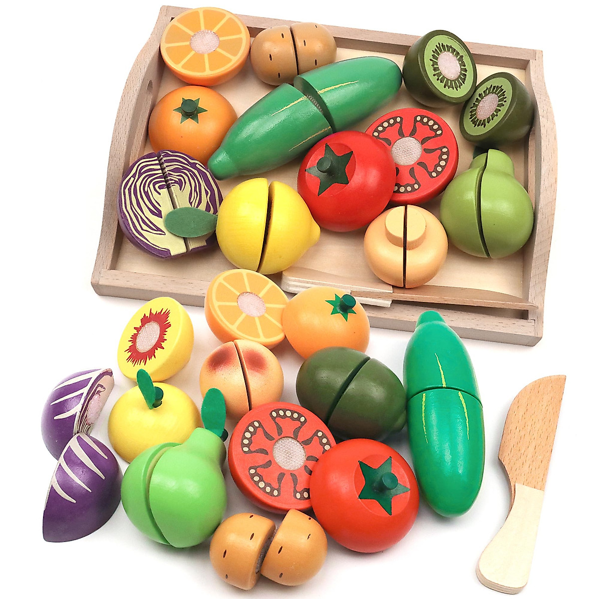 Wooden Cutting Fruit Vegetables Set for Kids - Pretend Play Food Toy Set with Wooden Knife and Tray Learning Toys for Toddlers (Fruit-E)