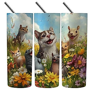 Tumbler with Lid and Straw Cartoon Animals in Flowers thermos coffee travel mugcute cups 20 oz insulated tumbler for Daily Holiday Decor Gift coffee cup