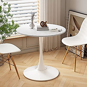 DKLGG 32" Modern Round Dining Table with Printed Marble Table Top, Metal Base Pedestal Table Tulip Table Kitchen Table for 2-4 Person for Small Space Home, End Table Leisure Coffee Table, Marble
