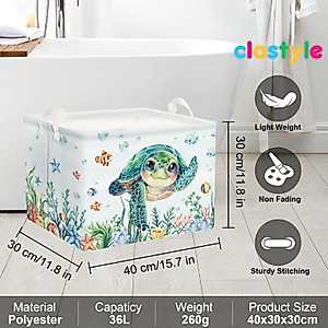 Clastyle 36L Fish Sea Turtle Baby Basket Ocean Coral Seaweed Starfish Toy Book Shelf Basket Waterproof Pool Toy Beach Towel Storage Bin Large Rectangle Collapsible Dirty Clothes Basket