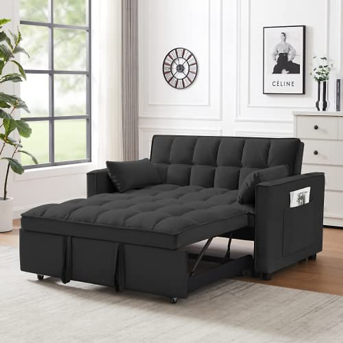 akucvor 55" Pull Out Couch Bed Sleeper Sofa, 3 in 1 Convertible Sleeper Sofa Bed, Lounge Loveseat Futon Sofa with Reclining Backrest, Toss Pillows, Pockets, Black