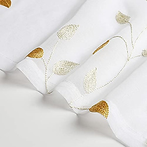 Fragrantex White Gold Leaf Embroidered Sheer Valance 15 Inches Floral Small Cafe Curtain for Kitchen Short Silver Curtain for Bay Window Bathroom and Living Room 56" Wx15 L Golden Yellow Rod Pocket