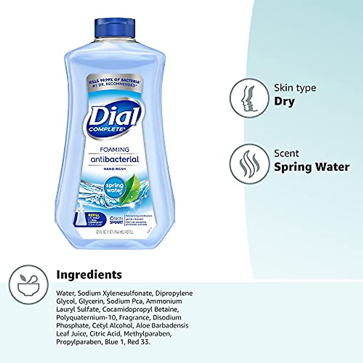 Dial Complete Antibacterial Foaming Hand Soap Refill, Spring Water, 32 Fl Oz