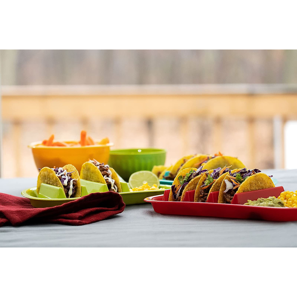 Stephanie Imports MADE IN USA Set of 3 Taco Serving Plastic Plates With Side Compartments in Teal, Red and Lime Green (BPA-Free, Microwave and Dishwasher Safe)
