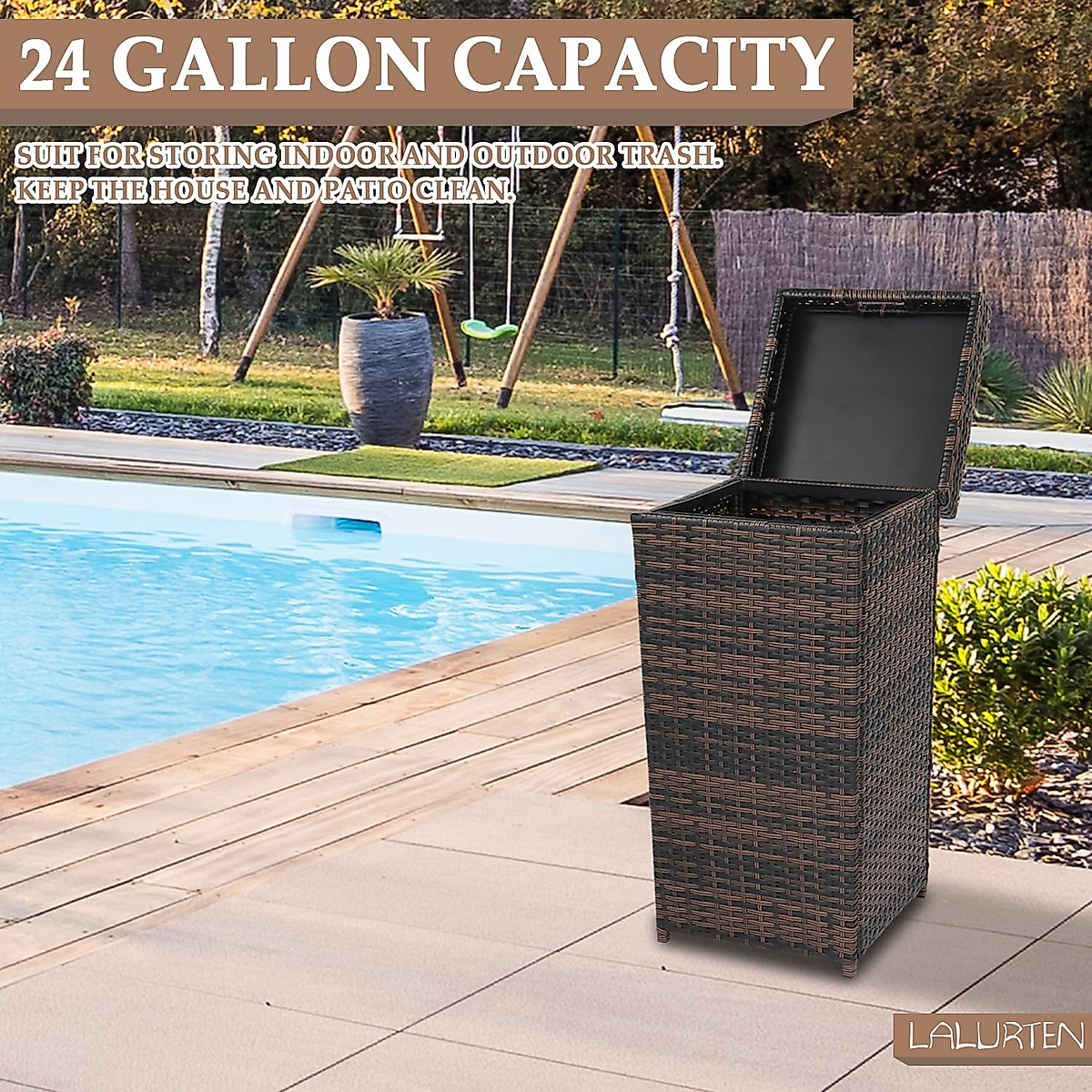Lalurten Garbage Can Outdoor 24 Gallon Outdoor Trash Can with Lid Outdoor Dog Poop Trash Can Resin Rattan Wicker Trash Can Weather-Resistant Outdoor Garbage Can for Patio Backyard Kitchen (Brown)