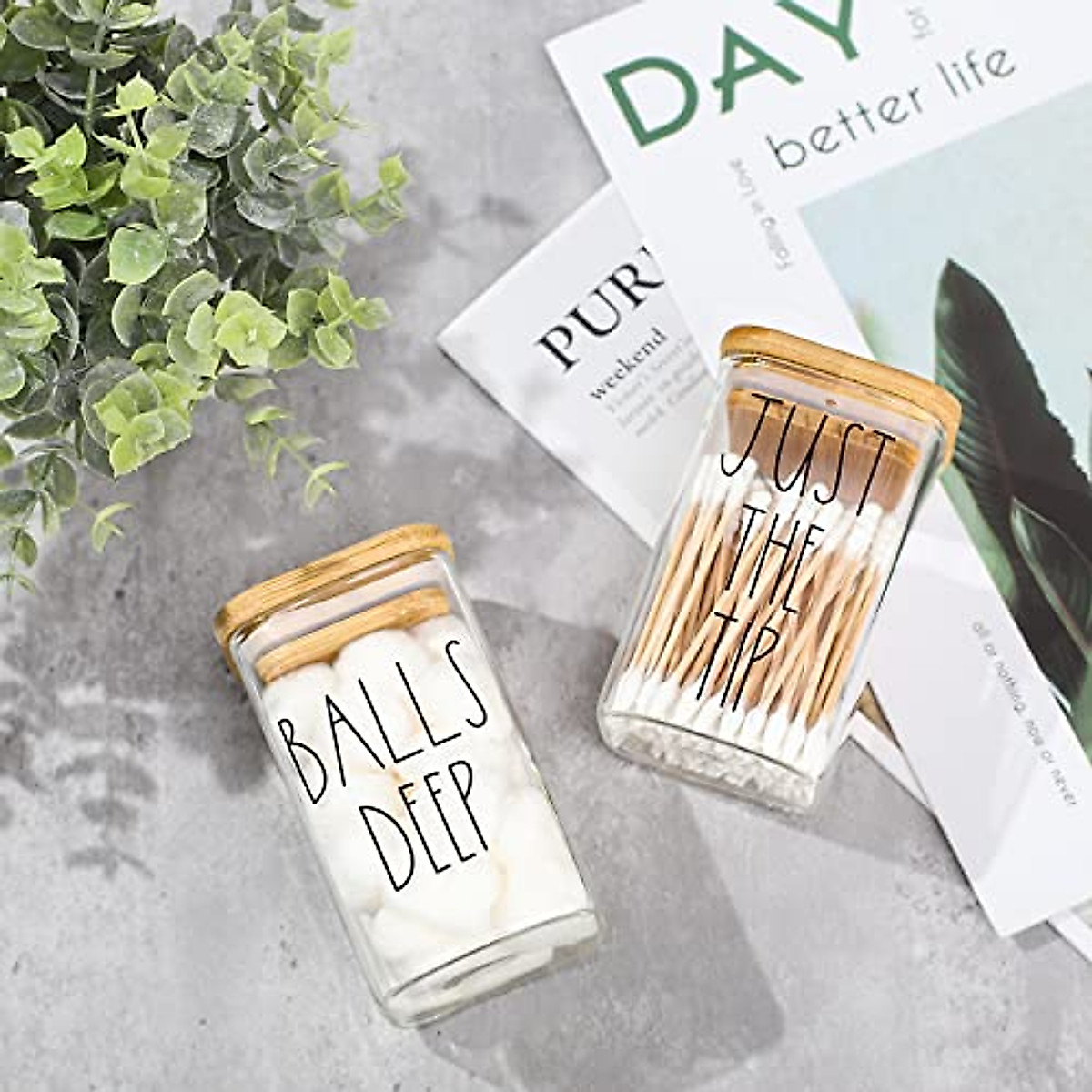 ALPIRIRAL Qtip Holder, Glass Cotton Ball and Qtip Holder Set , 2Pcs 10 Oz Qtip Dispenser with Bamboo Lids Cotton Swab Holder, Bathroom Canister Accessories Storage Organizer, Farmhouse Bathroom Decor