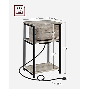 VASAGLE Side Table with Charging Station, 3-Tier End Table with USB Ports and Outlets, Nightstand for Living Room, Bedroom, 11.8 x 13.4 x 22.8 Inches, Plug-in Series, Greige and Black ULET373B02