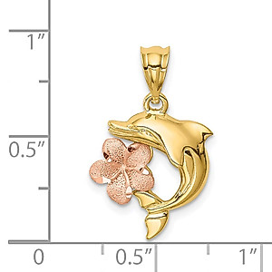 14K Two-tone Brushed/Polished Diamond-cut Plumeria w/Dolphin Pendant 22mm style D4493