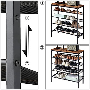 IBUYKE Industrial Shoe Rack, 5-Tier Shoe Organizer with 4 Metal Mesh Shelves, Unit Flat & Slant Adjustable Shoe Storage for 16 Pairs, for Entryway, Hallway, Bedroom, Closet, Rustic Brown, UTMJ083H