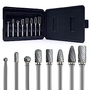 Carbide Burr Set, 1/4" Shank Die Grinder Bits, Tungsten Rotary Tool Bits Double Cut Rasp Files for Metal Weld Wood Stone Concrete Grinding Deburring Trimming Polishing Cutting, 8-pc in Sturdy Case