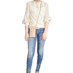 Woven Rattan Hand Crochet Crossbody Fabric bag (Cell Phone, Card Pocket) (Black)