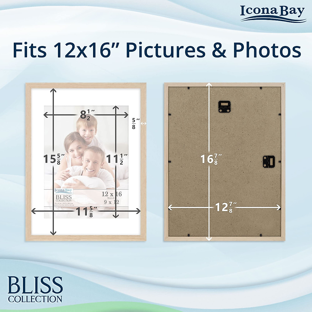 Icona Bay 12x16 Light Oak Picture Frame Fits 11x15 Photos with Mat to 9x12 Image, Modern Style Wood Composite Poster Frame, Wall Mount Only, Bliss Collection