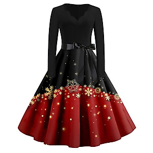 Christmas Dress, Women'S Casual Fashion Long Sleeve Printed Vintage Dresses Baby Doll for Women White Dress Petite Casual Fall Dresses 2023 Bridal Shower Dress Short Maxi (L, Vermilion)
