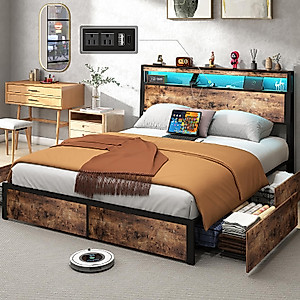 SADENICEL Queen Bed Frame with Storage Headboard and 4 Drawers, Metal Platform Bed Frame with LED Light, Charging Station, No Box Spring Needed, Noise Free, Easy Assembly, Vintage Brown