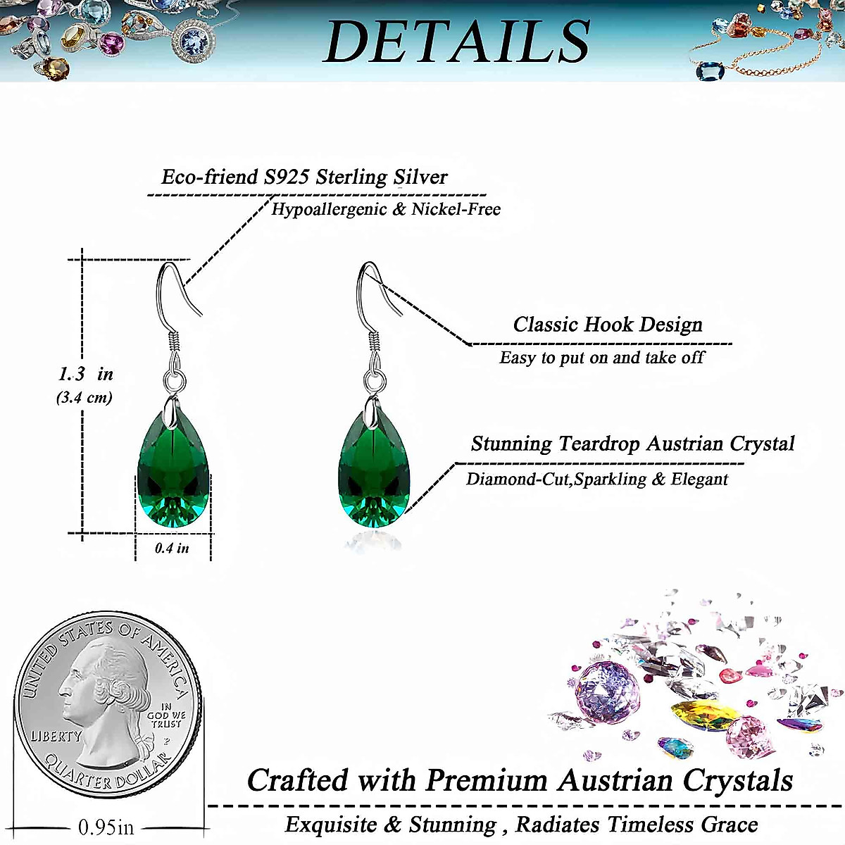 Teardrop Austrian Crystal Drop Dangle Earrings for Women 925 Sterling Silver Hypoallergenic Hook Earring (Emerald)