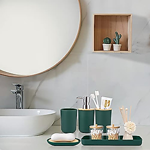 SLDIYWOW 9-Piece Dark Green Bathroom Accessories Set with Trash Can, Tray, Soap Dispenser, Toothbrush Holder, Toothbrush Cup, Soap Dish, Toilet Brush and Q-tip Holders for Bathroom