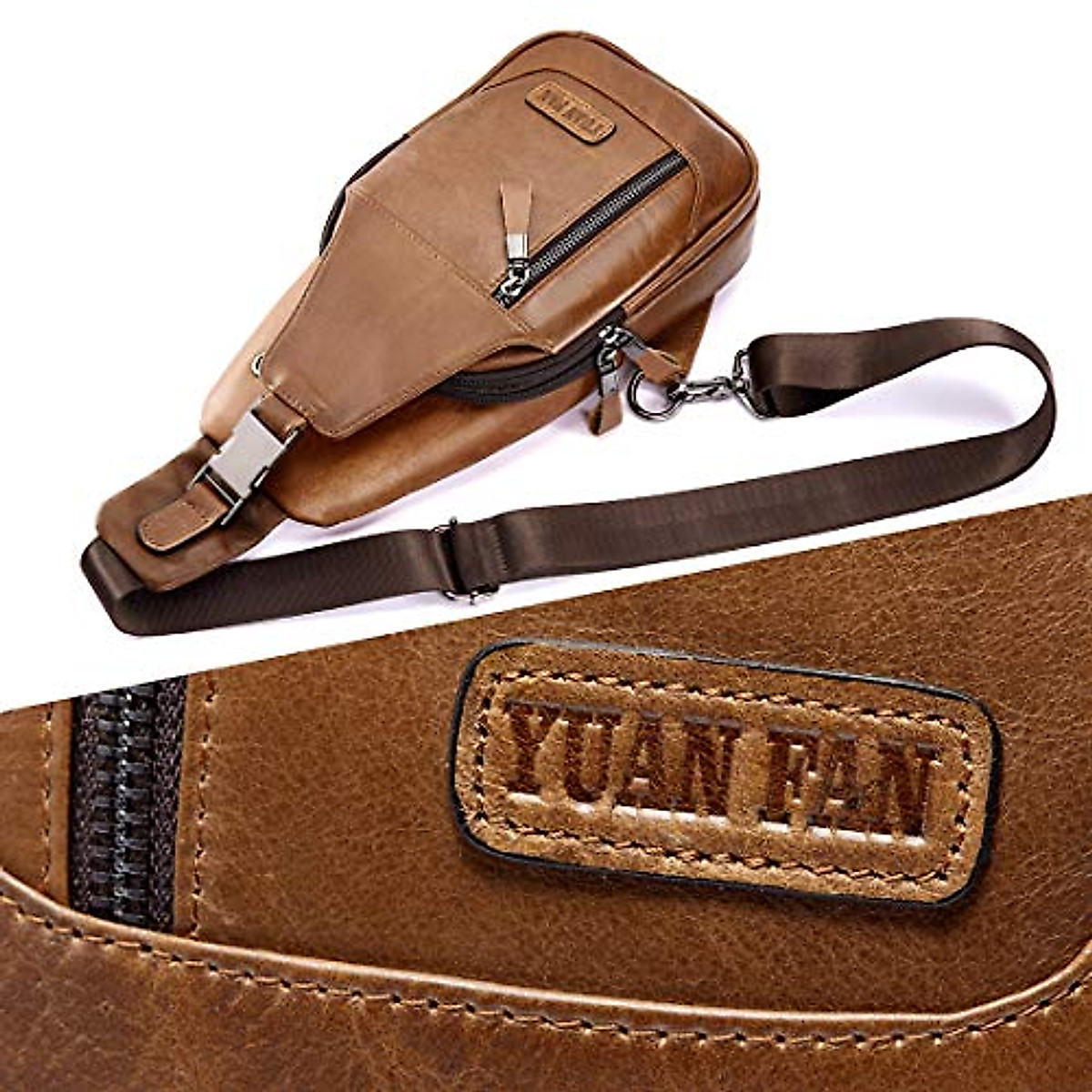 YUAN FAN Leather Sling Bag for Men,Crossbody Purse Chest Bag Backpack Messenger Shoulder Bag Small