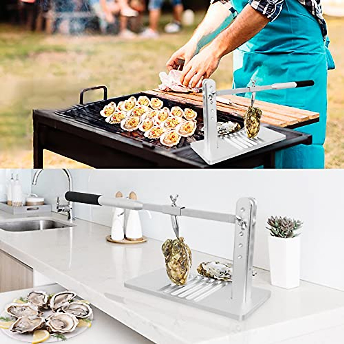 Stainless Steel Oyster Openers Two Cutter Head, All Metal Oyster Shuckers Durable Tool Set No Plastic with G-clamp, Oyster Knife, Level 5 Cut Resistant Gloves for Home Seafood Workshop Restaurant