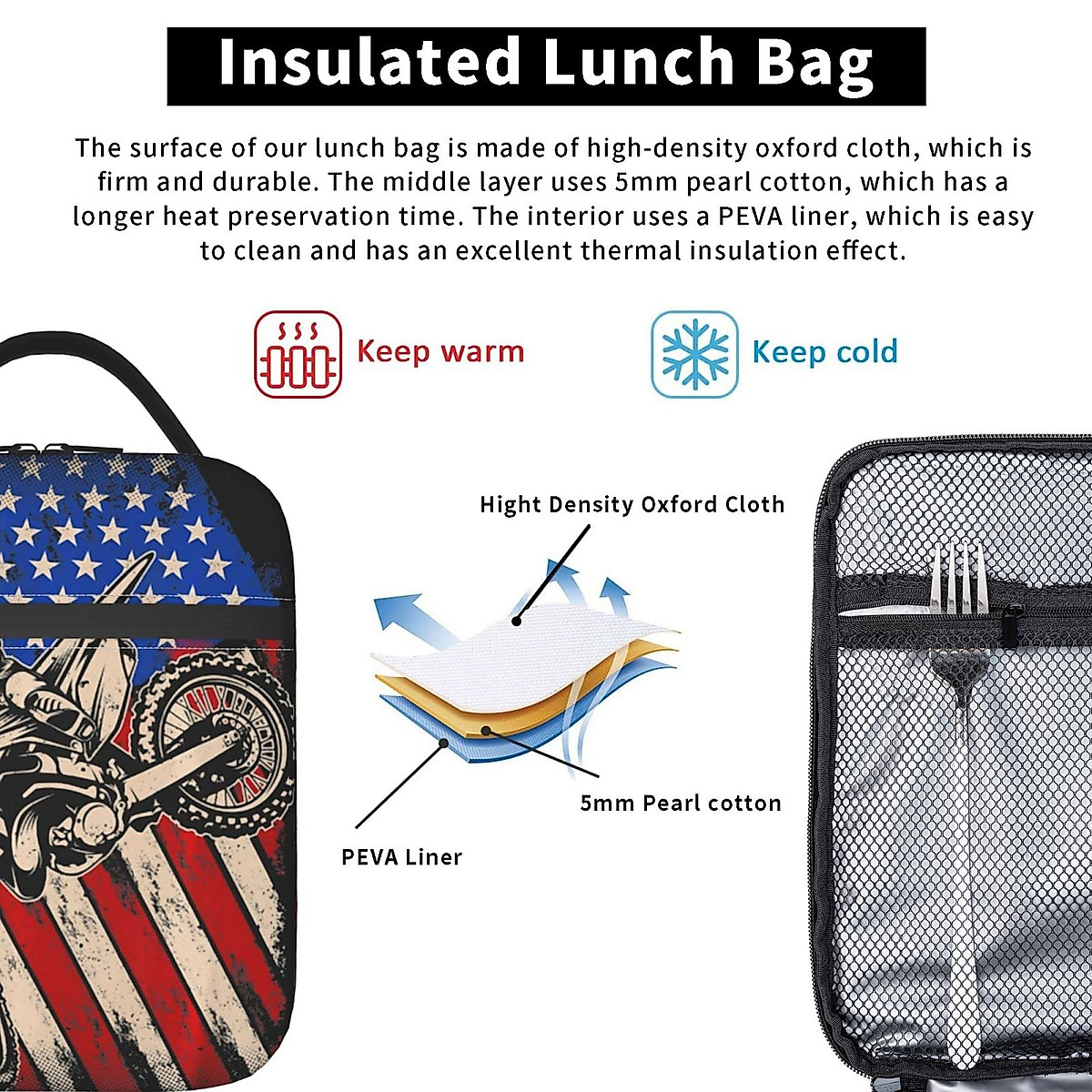 oumghxf Dirt Bike Motocross American Flag Lunch Bag Women/Men,Reusable Lunch Box For Men,Insulated Lunch Cooler Bag For Adults Kids