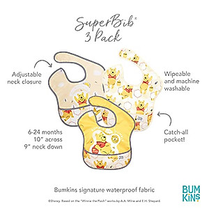 Bumkins Disney Bibs for Girl or Boy, SuperBib Baby and Toddler for 6-24 Months, Essential Must Have for Eating, Feeding, Baby Led Weaning, Mess Saving Waterproof Soft Fabric, 3-pk Winnie the Pooh