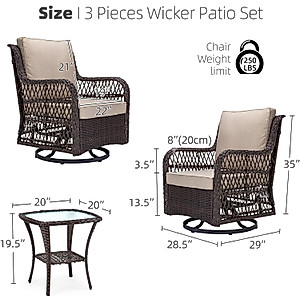 Rocking Swivel Chair, Outdoor Rattan Chairs Set with Side Table and Cushions, Patio Conversation Furniture Set 3 Piece for Outside Porch Deck Balcony Garden Backyard