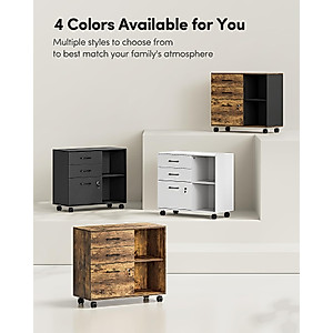 FEZIBO 3-Drawer Mobile File Cabinet, Lateral Filing Cabinet with Lock, Printer Stand with Open Storage Shelves for Home Office, Rustic Brown