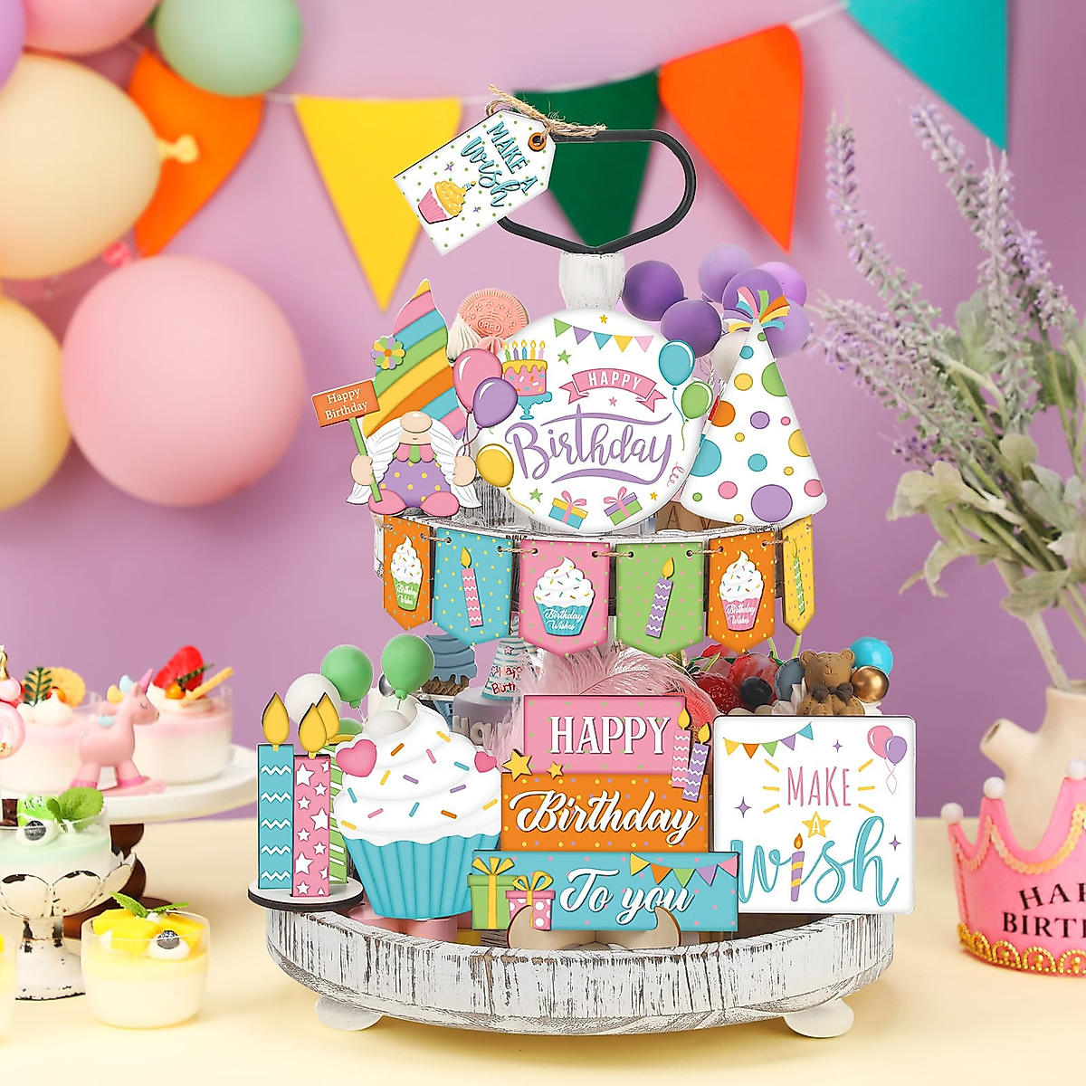 14 Pieces Birthday Tiered Tray Decor Farmhouse Happy Birthday Desk Decorations Wooden Wishes Cupcake Decor Table Sign for Party Supplies