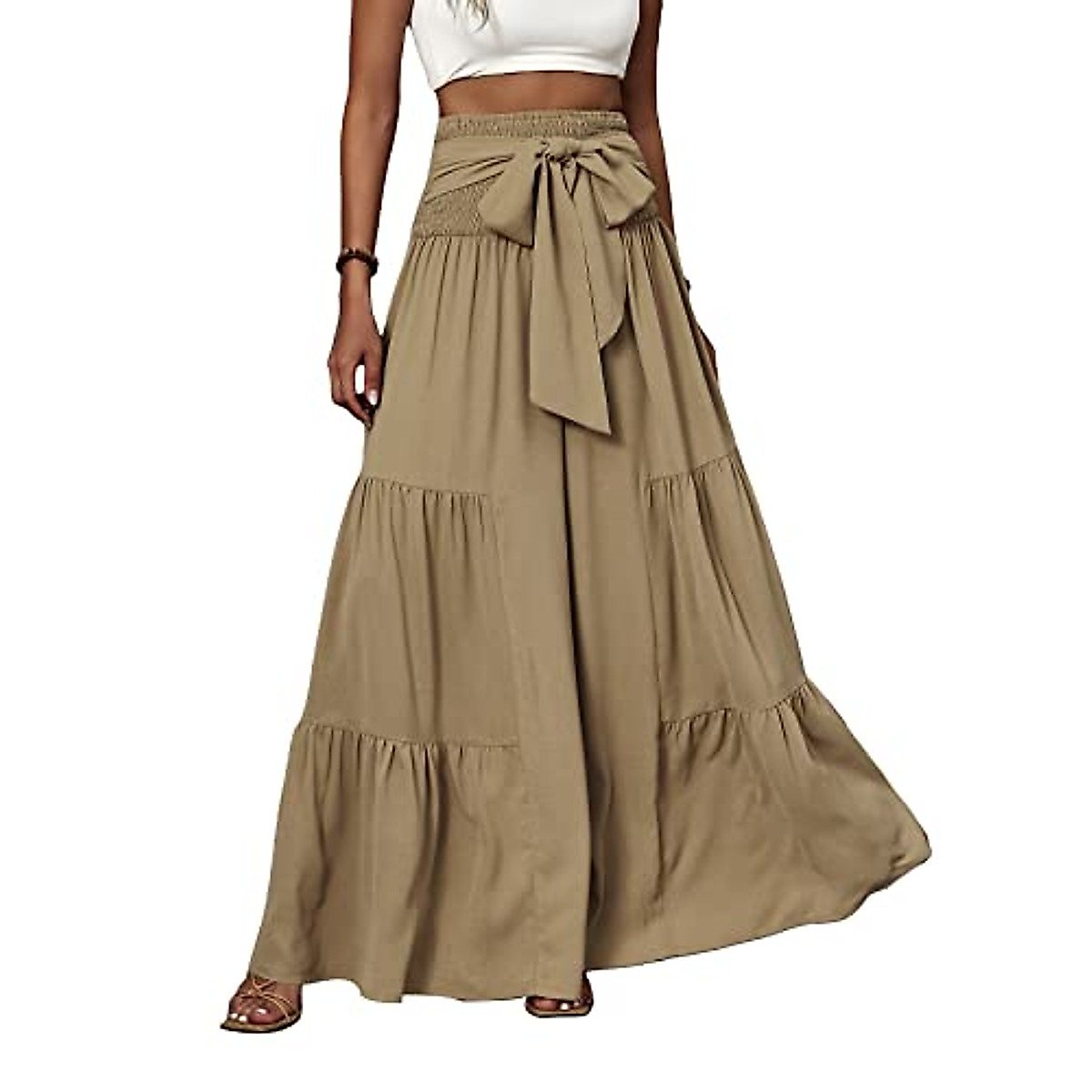 WDIRARA Women's Shirred Elastic Waist Tie Front Ruffle Hem Wide Leg Pants Khaki XL