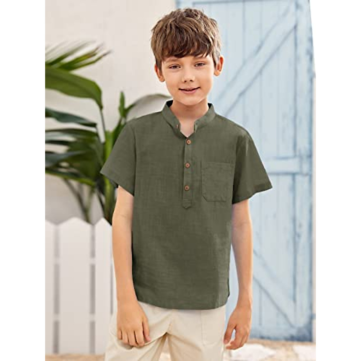 Inorin Boys Button Up Henley Shirt Short Sleeve Lightweight Summer Linen Cotton Dress Shirts Tees Tops with One Pocket Army Green