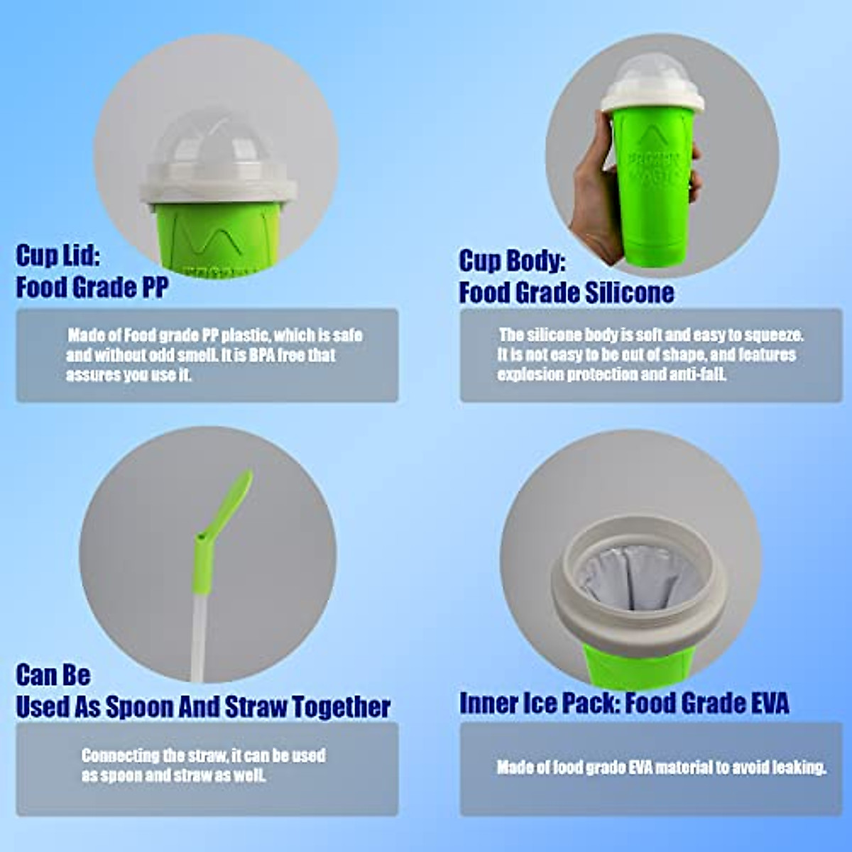 Ragnify Slushy Cup Slushie Maker Ice Cup Silica Cup Pinch Cup Summer Cooler Smoothies Cup Double Layer Squeeze Cup Slush Maker Cup Home DIY Smoothie Cup for Children and Adult (Green)