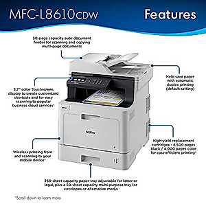 Brother MFC-L8610CDW Business Color All-in-One Duplex Laser Printer, Wireless and Ethernet Connectivity, includes High Yield Toner-Retail Packaging, Black