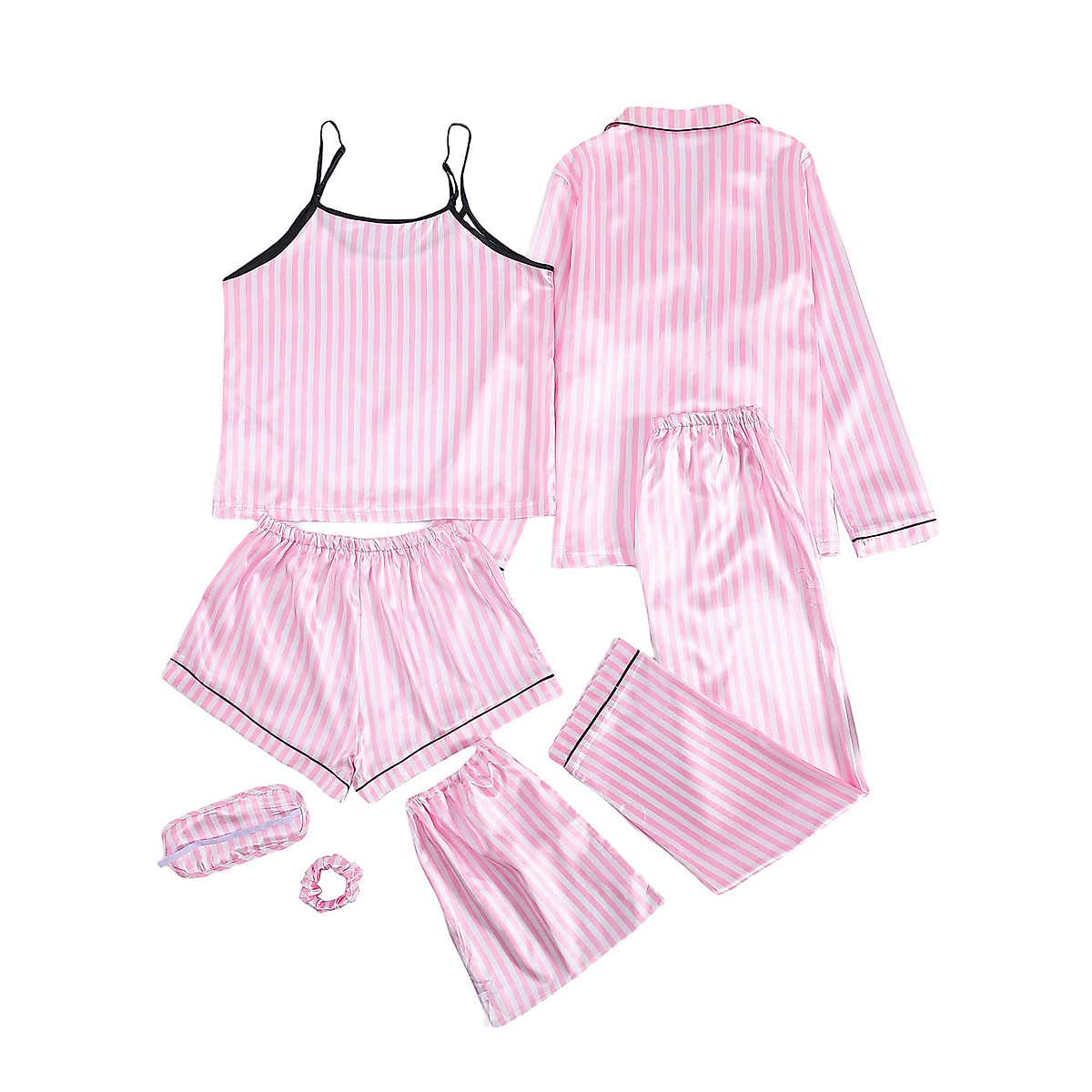 LYANER Women's Pajamas Set 7pcs Silk Satin Sleepwear Loungewear Cami Shirt Pj Set Striped Pink Medium