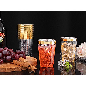 Nervure 120PCS Gold Rim Plastic Cups - 12oz Heavy Duty Plastic Cups - Fancy Clear Disposable Cups with Gold Rimmed for Wedding, Birthday, Party