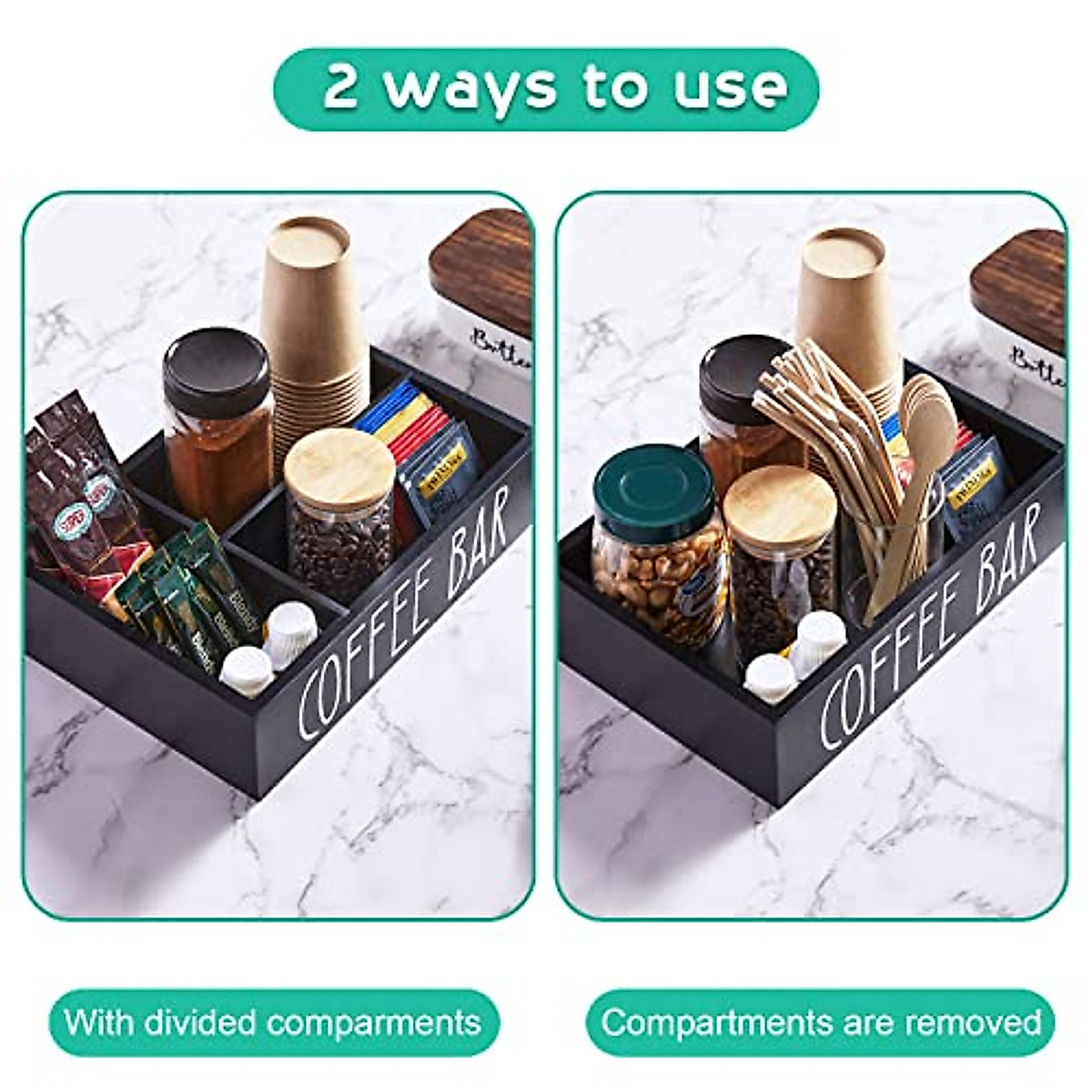 ALELION Coffee Station Organizer with Removable Dividers - Wood Bar Accessories Organizer for Countertop - Pod Holder Basket for Sugar Tea - Black Table Decor