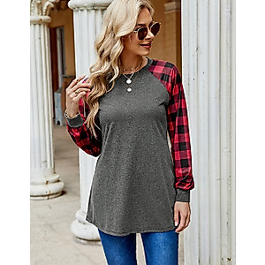 Miskely Women's Casual Color Block Long Sleeve Pullover Blouse With Pocket Loose Lightweight Tunic Tops Sweatshirt (XX-Large, A Grey Red Sleeve)