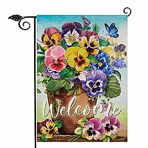 Hzppyz Welcome Spring Pansy Floral Garden Flag Double Sided, Flower Pot Arrangement Decorative House Yard Lawn Outdoor Small Decor, Summer Holiday Butterfly Farmhouse Home Outside Decorations 12 x 18