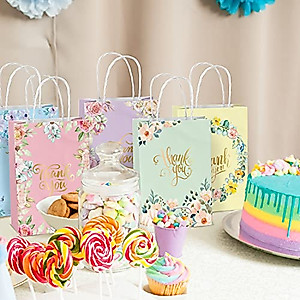 Floral Thank you Gift Bags – 20 Pack (5 Colors) | Party Favor Bags Pastel Goodie Bags for Birthday, Valentines, Baby Shower – Colored Paper Bags with Handles