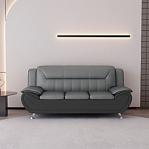Container Furniture Direct Modern Style Faux Leather Sofa with Extra Comfortable Pillow Top Armrests Ideal for Living Room, Bedroom or Home Office Couch, 79.2’’ Wide, Grey/Black