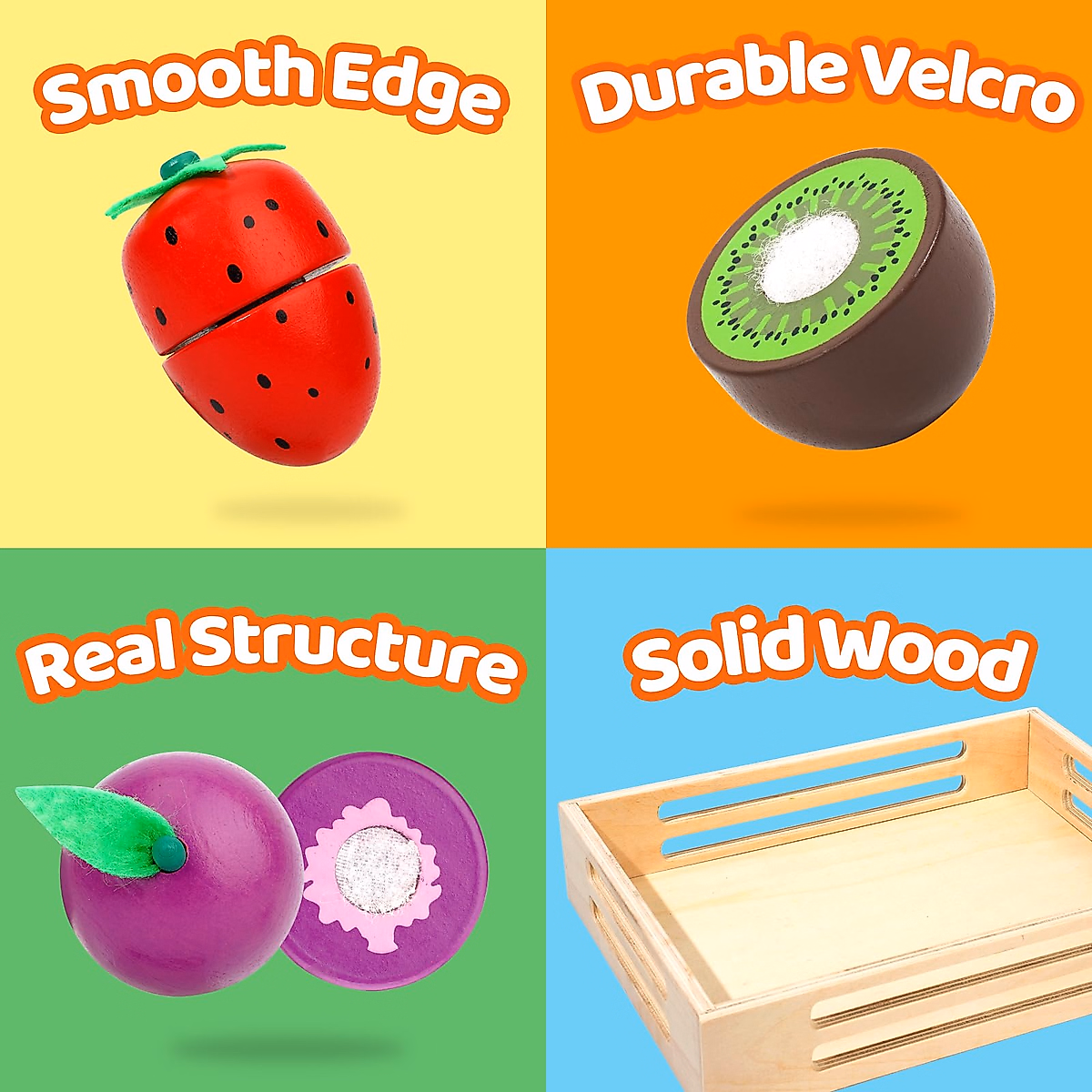 BAODLON Wooden Cutting Fruit Set - Wooden Play Food Toys for Kids Kitchen, Multi Play Food Kitchen Accessory with 2 Trays, Play Fake Fruit Toys Birthday Gifts for 3 4 Years Toddler Girl Boy